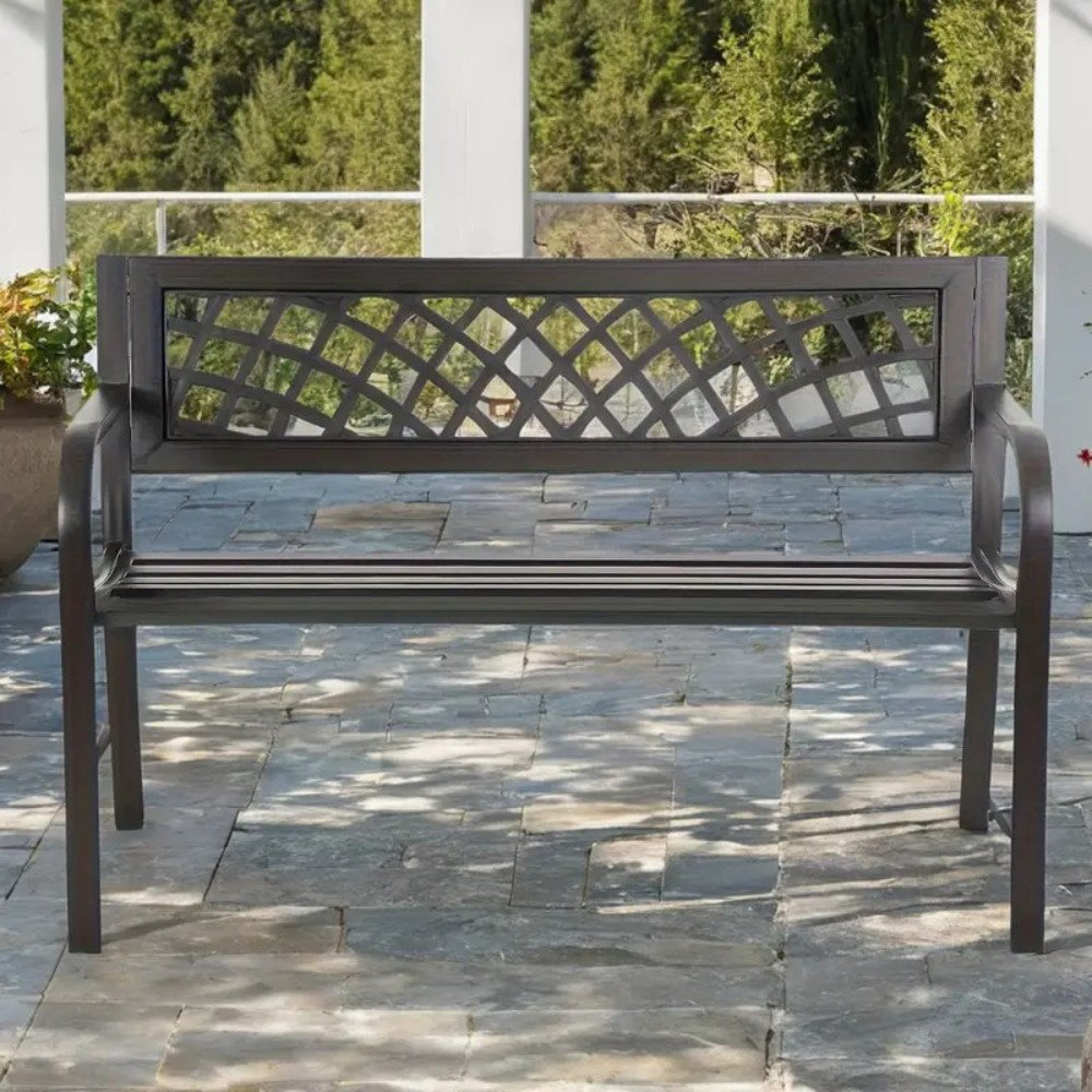 Red Barrel Studio [Iron Steel Patio Bench] Black Iron Steel Frame Patio ...